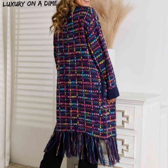 Sweaters | Bold Retro Knit Colorful Fringe Hem Longline Duster Sweater ...